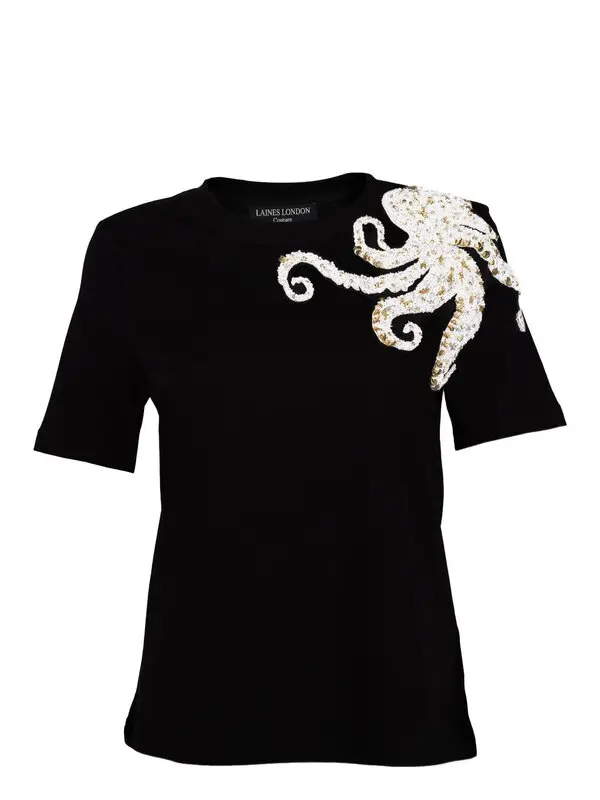 LAINES LONDON Couture Embellished Octopus T-shirt - Black