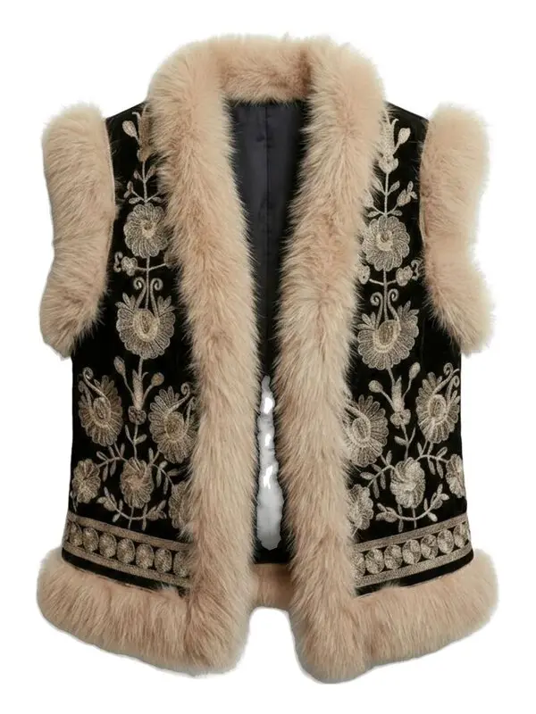 IZABELA MANDOIU Embroidered Faux Fur Vest - Black