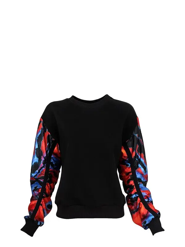 LALIPOP DESIGN Sweatshirt With Digital Print Satin Puff Sleeves - Black