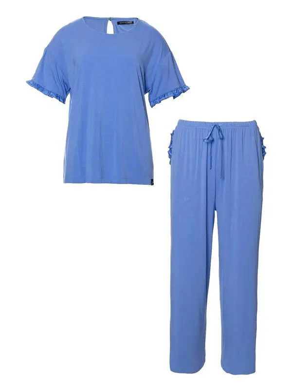 PRETTY YOU Bamboo Frill Tee Trouser Set - Blue