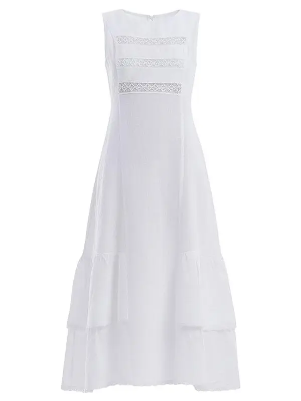 Haris Cotton Linen Maxi Sleeveless Dress With Lace And Ruffle Detail - White