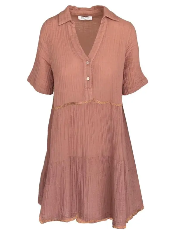 Haris Cotton Mini Textured Cotton Short Sleeved Dress - Brown