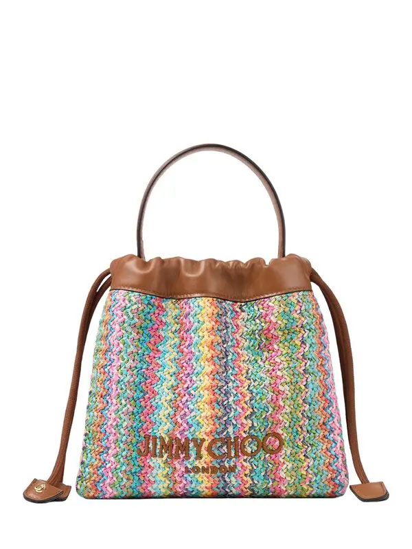JIMMY CHOO Chevron Raffia Drawstring Pouch With Leather Trim - Multi/tan/light Gold