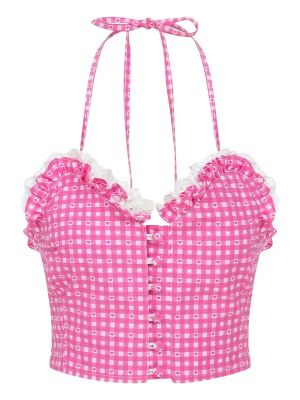 JE TE VEUX Sweetheart Gingham Bustier With Lace Trim - Pink