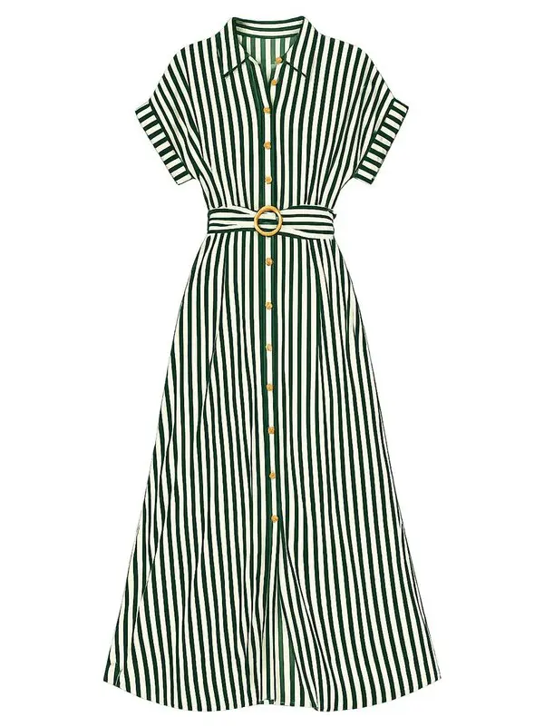YUMI Stripe Print Midi Shirt Dress - Green