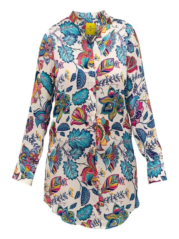 JANARA JONES Satin Miracle Garden Mandarin Collar Blouse - White/blue