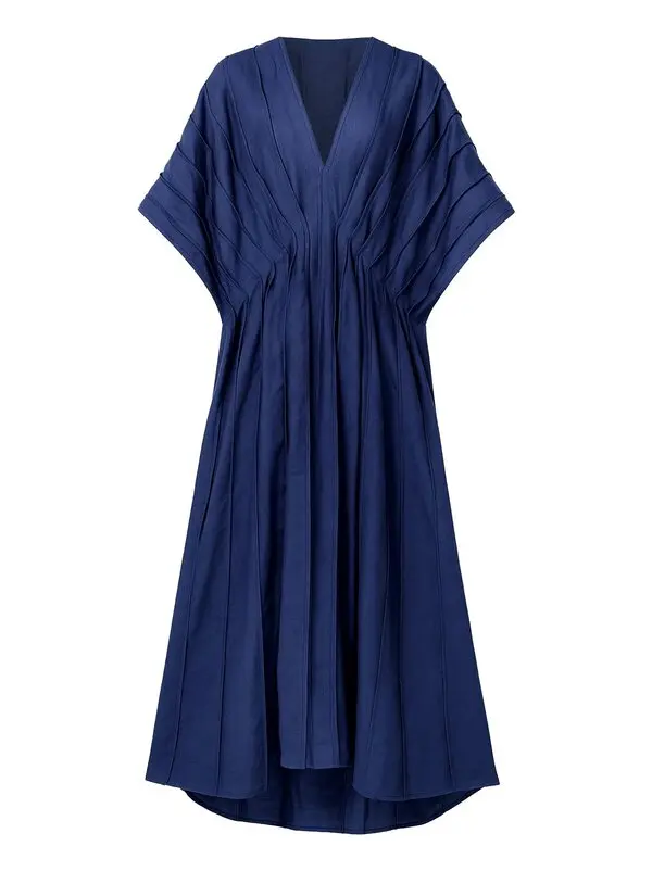 KARGEDE Navy Linen Kaftan Dress With Pleated Detailing - Blue