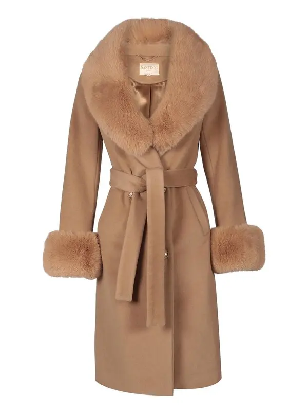 SANTINNI Cashmere & Wool Blend Coat With Detachable Faux Fur - Brown