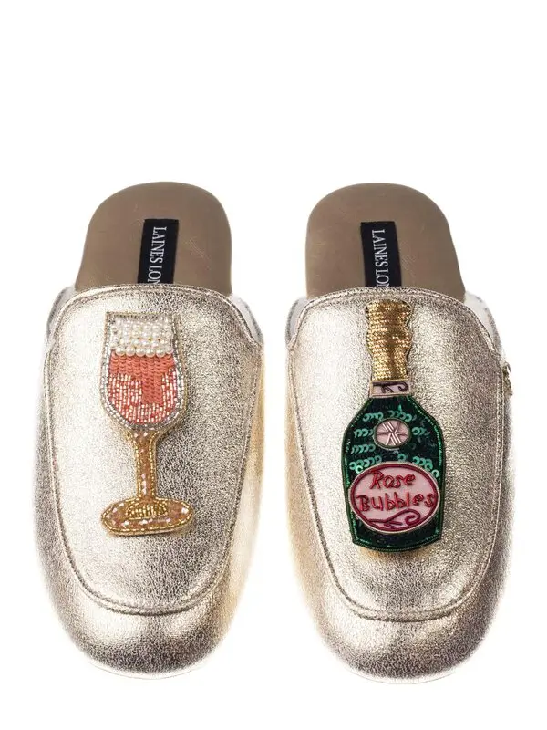 LAINES LONDON Classic Mules With Champagne Brooches - Gold