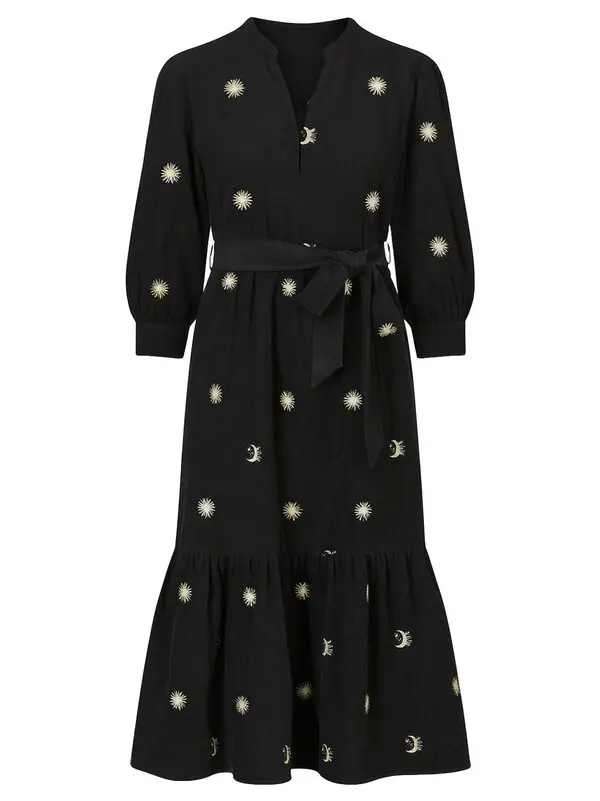 YUMI Cosmic Embroidery Cord Midi Shirt Dress - Black