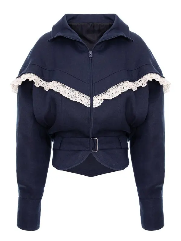 CONCEPT A TROIS Linen Jacket With Lace Details - Blue