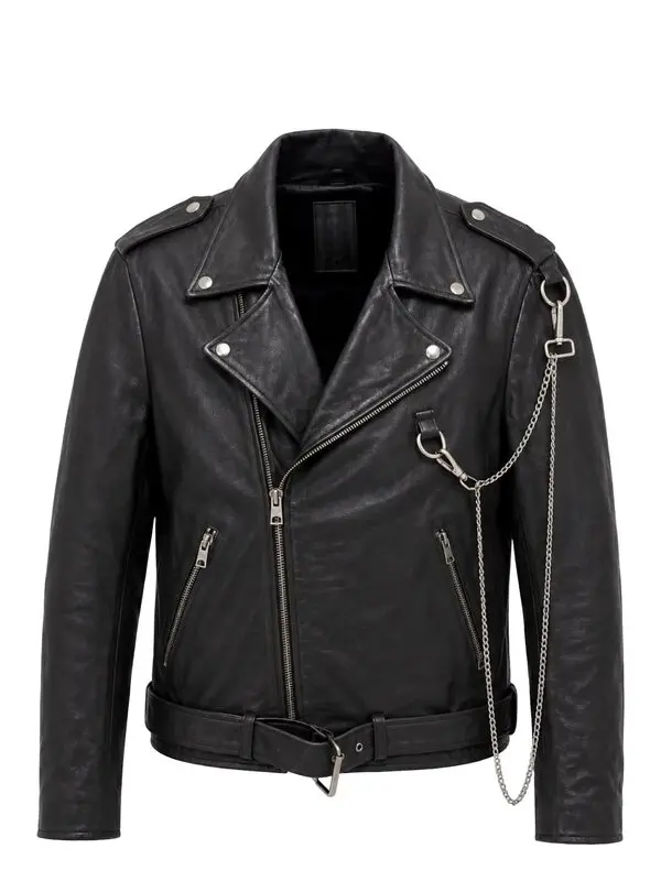 ZASTASTUDIO Leather Biker Jacket With Metal Chain Detail - Black