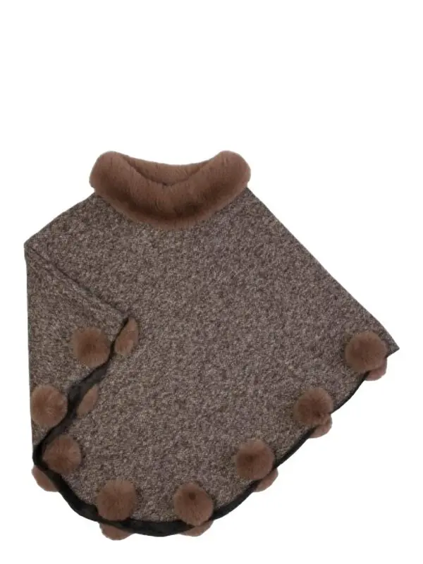Saachi Faux Fur Pom-pom Poncho - Brown