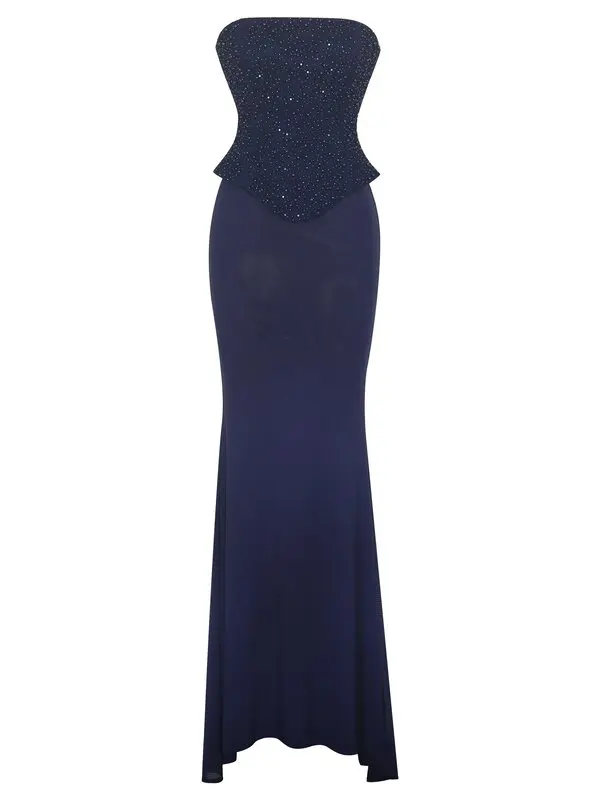 MISS CIRCLE NEW YORK Beaded Peplum Mermaid Maxi Gown With Lace-up Back - Blue