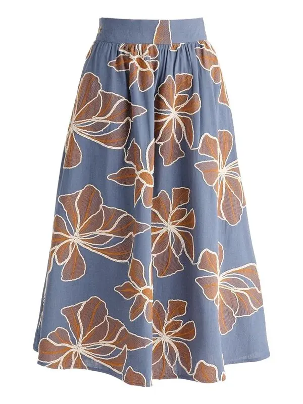 PAISIE Floral Embroidered Midi Skirt - Blue