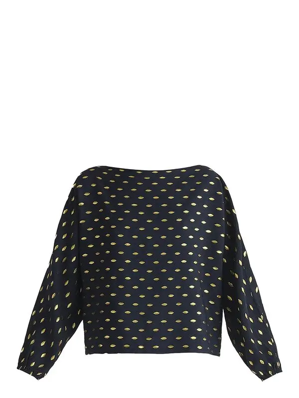 PAISIE Foil Print Boat Neck Top - Blue/gold