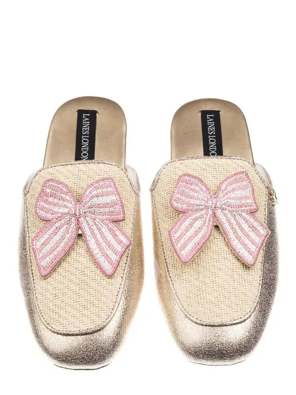 LAINES LONDON Classic Mules With Bow Brooches - Gold/white