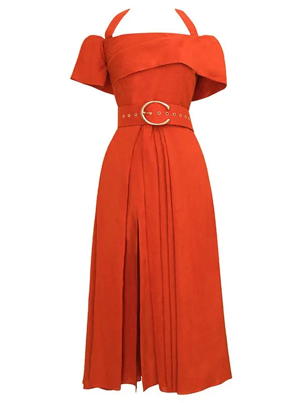 ALINA CERNATESCU Chimera Cocktail Linen Off-shoulder Midi Dress - Orange