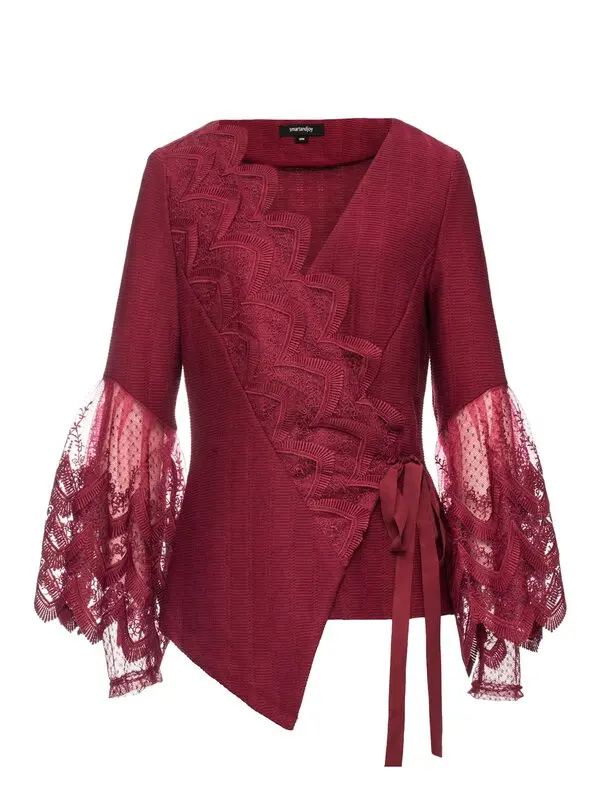 SMART AND JOY Lace Trimmed Knitted Wrap Top - Red