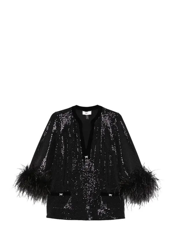 NISSA Feather-trimmed Sequined Top - Black