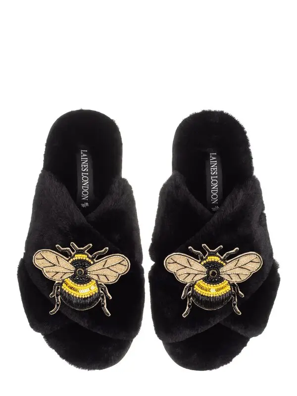 LAINES LONDON Classic Laines Slippers With Honey Bee Brooches - Black