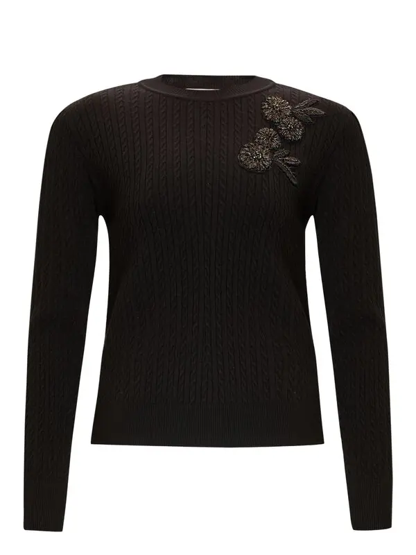 EXQUISE Crew Neck Floral Embroidered Knit Sweater - Black