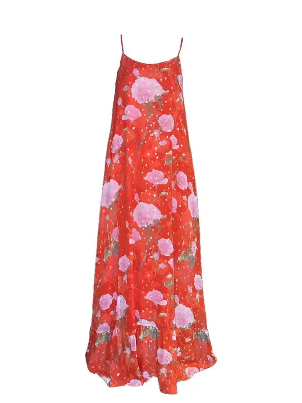 INTROVERTIE VIENNA Madeira Viscose Lurex A-line Maxi Dress - Red