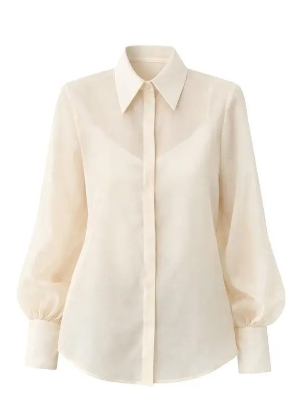 EXQUISE Regular Fit Sheer Balloon Sleeve Shirt - Beige