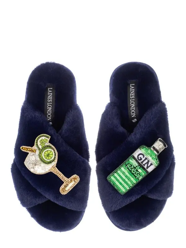 LAINES LONDON Classic Slippers With Brooches - Blue