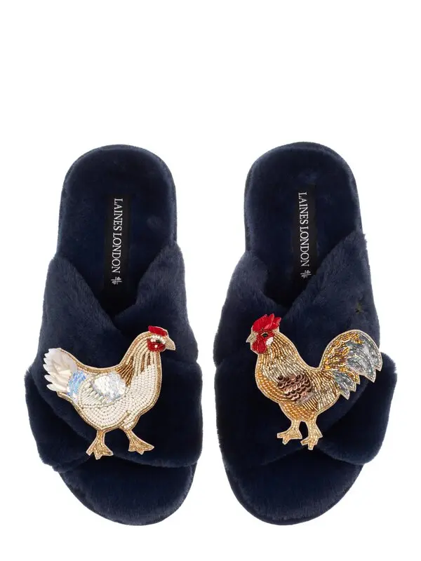 LAINES LONDON Classic Slippers With Brooches - Blue