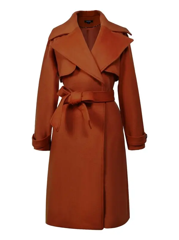 SMART AND JOY Woolen Trench Coat With Shoulder Flaps - Brown