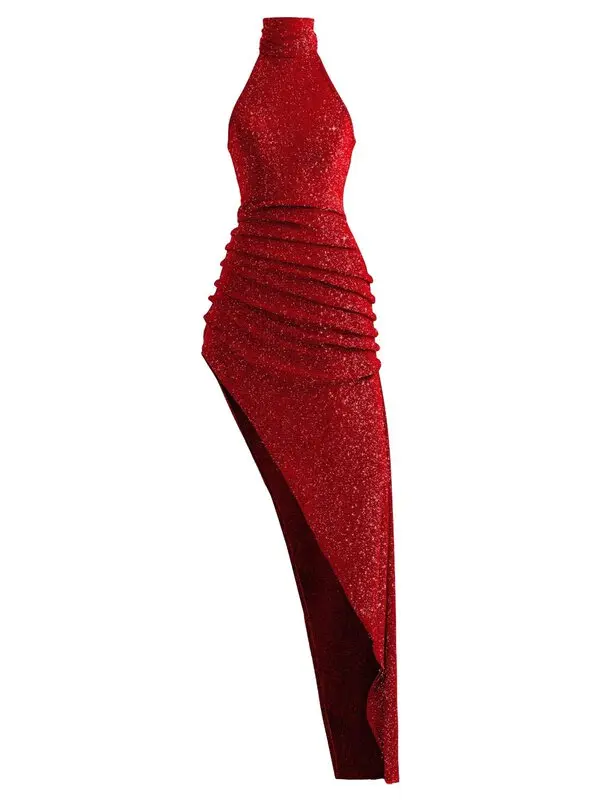 KARGEDE Sparkly Fitted Maxi Dress With Asymmetrical Hem - Red