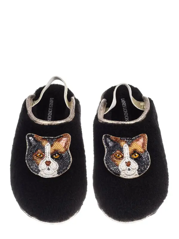 LAINES LONDON Flatform Cloud Slippers With Calico Cat Brooches - Black/gold