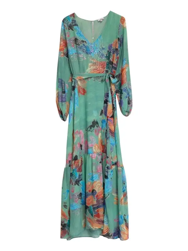 NIZA Printed Chiffon V-neck Long Sleeve Maxi Dress With Belt - Green