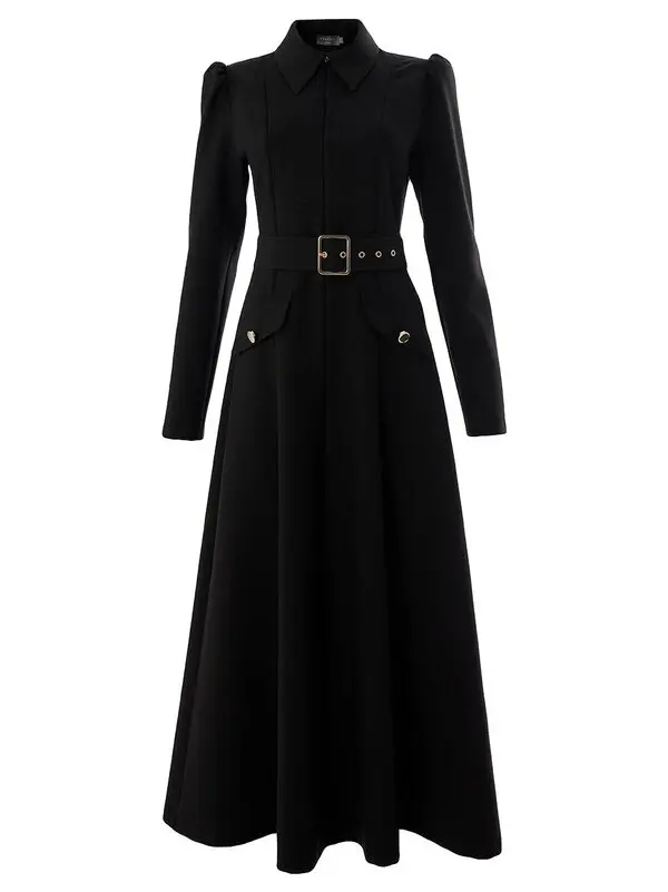 EXQUISE Slim-fit Belted Midi Shirt Dress - Black