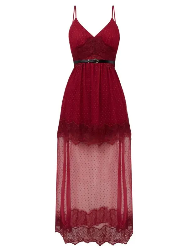 SOUR FIGS Sheer Dotted Lace Layered Maxi Dress - Red
