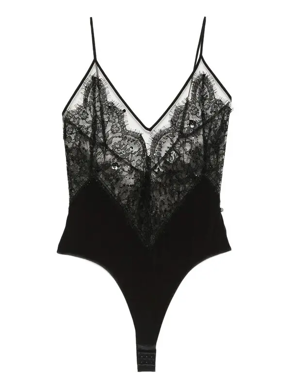 NISSA Floral-lace V-neck Tulle Bodysuit - Black