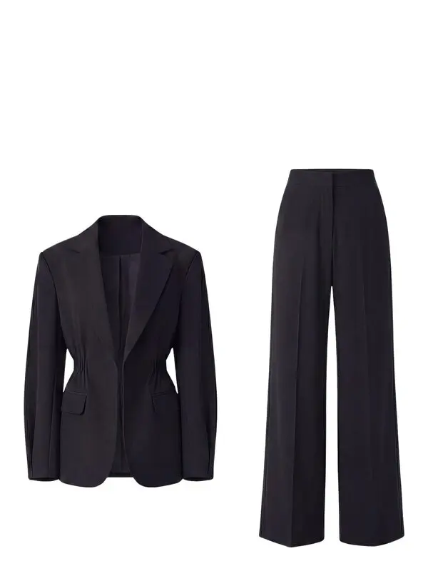 BLUZAT Suit With Waist-accentuating Blazer And Wide-leg Trousers - Black