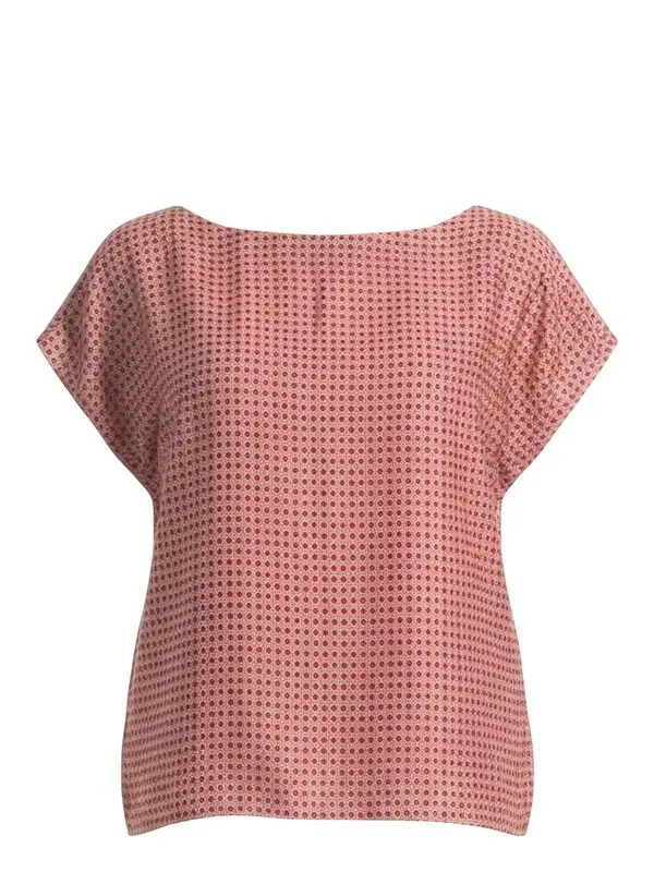 STOVARIA Short Sleeve Geometric Print Slub Silk Top - Red
