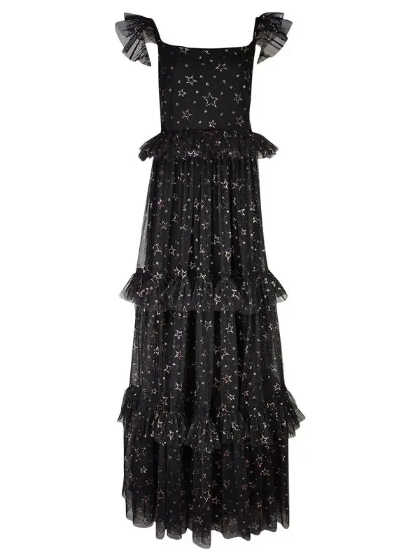 JENNAFER GRACE Star Print Tulle Maxi Dress - Gold/black
