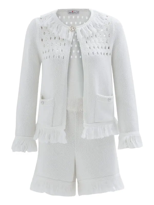 PERALUNA Miyoki Knitted Crop Cardigan And Shorts Matching Set - White