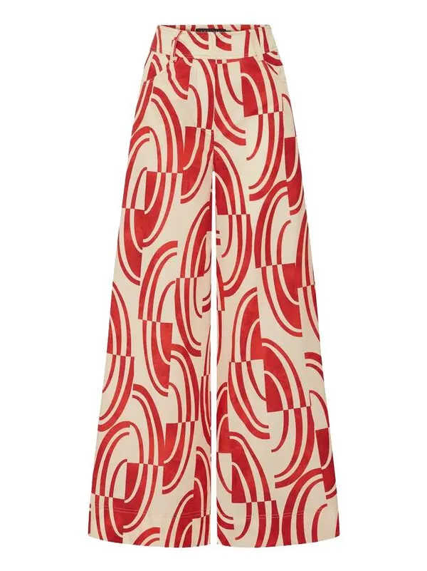 EXQUISE Abstract Print Cotton Wide Leg Pants - Red