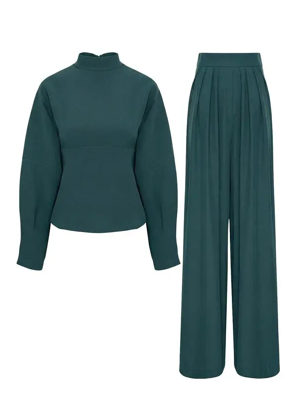 BLUZAT High-neck Top With Wide-leg Trousers Set - Green