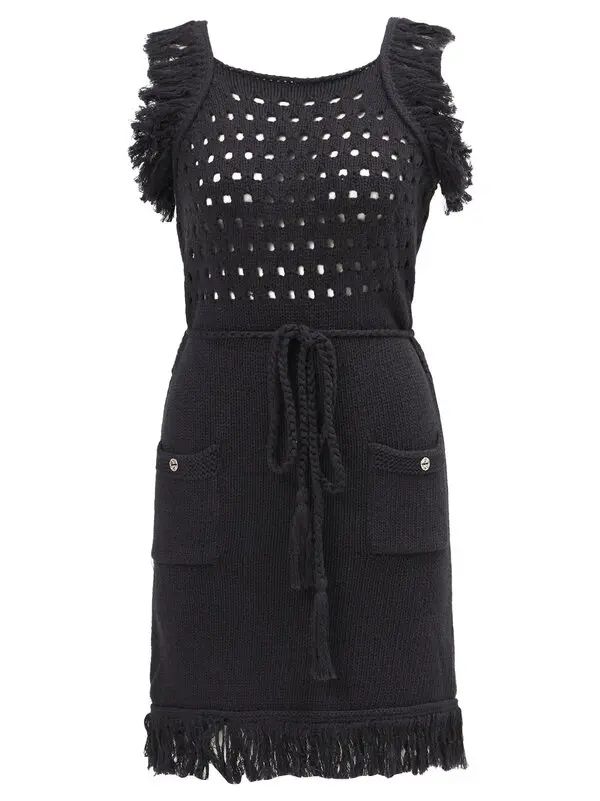 PERALUNA Miyoki Mini Knitted Tasseled Dress - Black