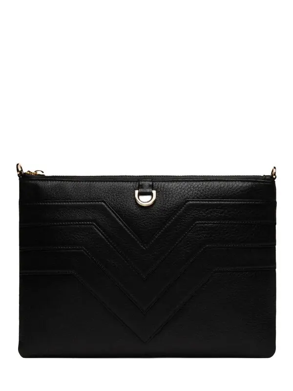 Lovard Leather Flat Zip Clutch With Chain Strap - Black/gold