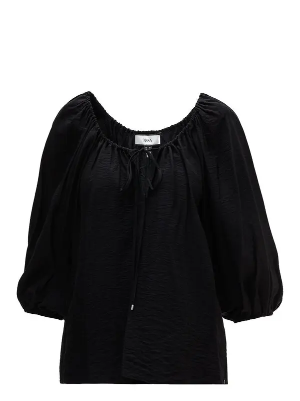 NISSA Puff-sleeve Viscose Top - Black