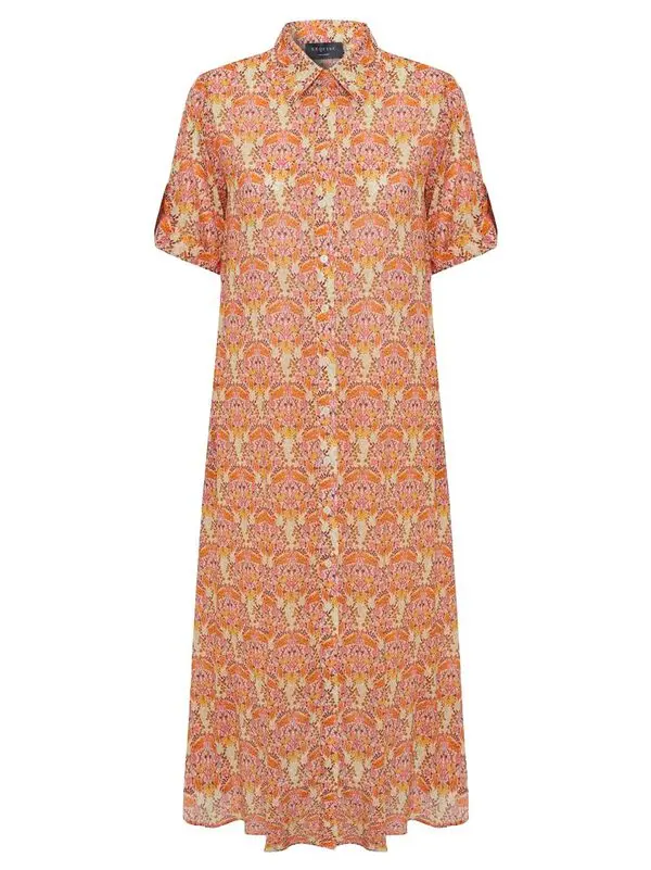 EXQUISE Shirt Collar Midi Dress - Orange/pink/white/yellow