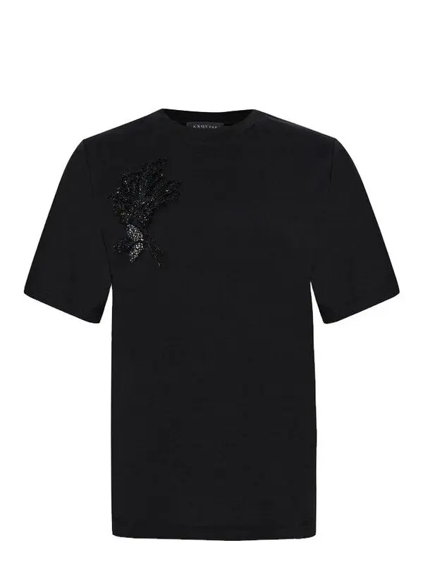 EXQUISE Regular Embroidered Crew Neck T-shirt - Black