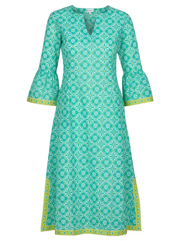 AT LAST... Printed Cotton Belle Kaftan Dress - Blue/white