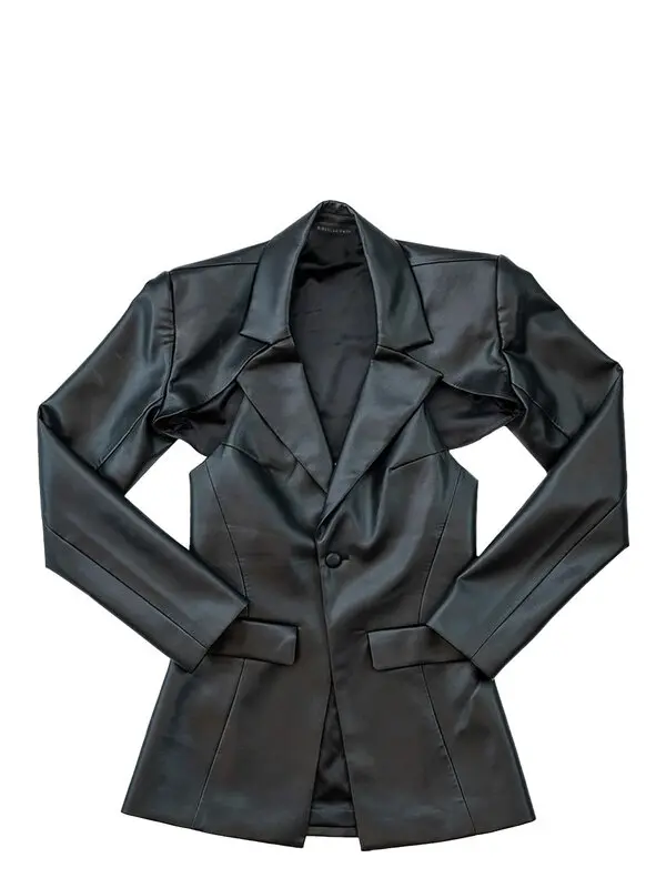 CIRCULAR PATH Vegan Leather Cut Out Blazer - Black